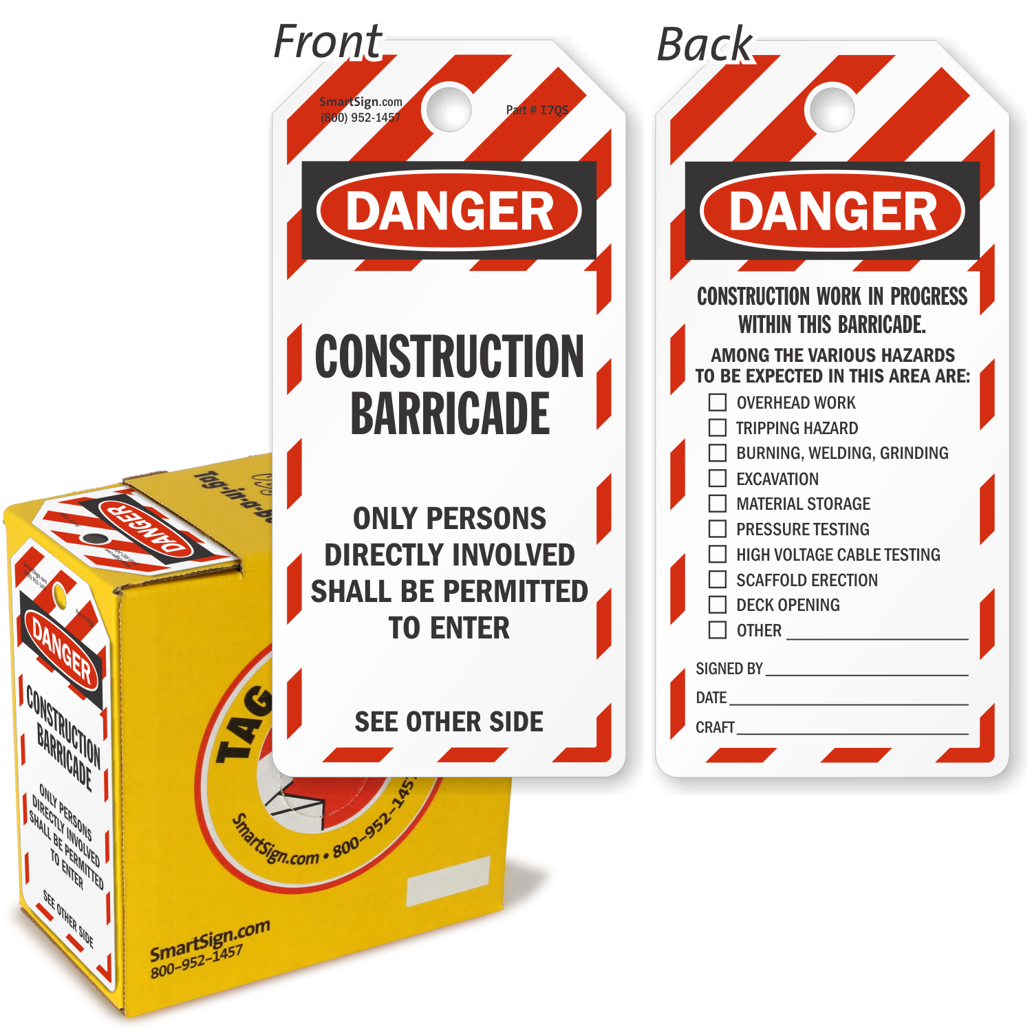 Danger Construction Barricade Tag-in-a-Box, SKU: T-BOX-109