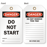 Danger Do Not Start 2-Sided Tag - Add Signatory & Date, SKU: TG-0534